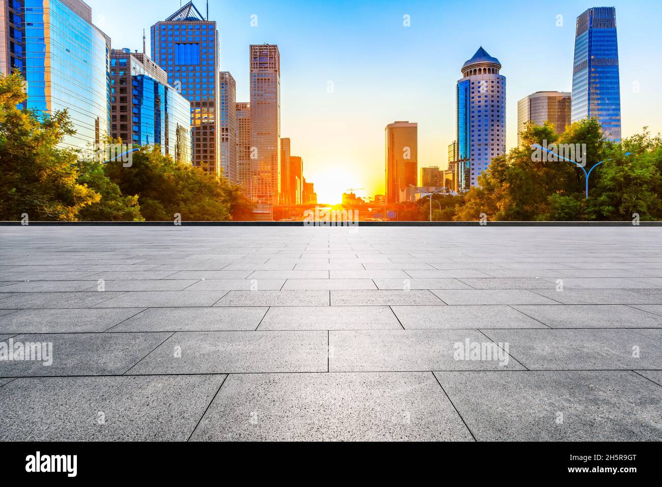 Empty square floor and modern commercial building landscape in Beijing ...