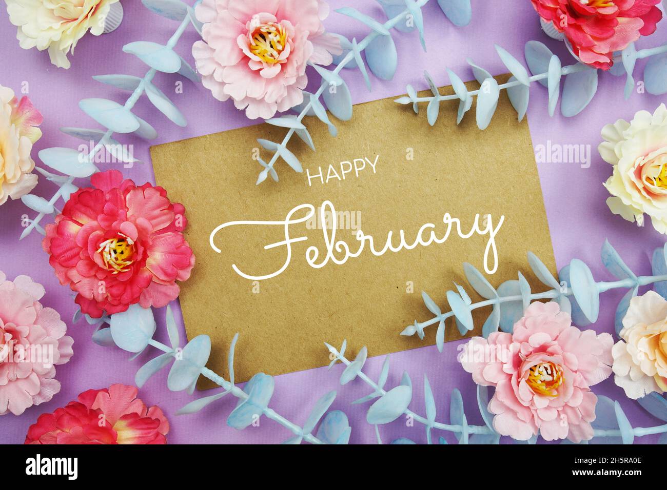 Hello February typography text and flower decorate on purple background ...