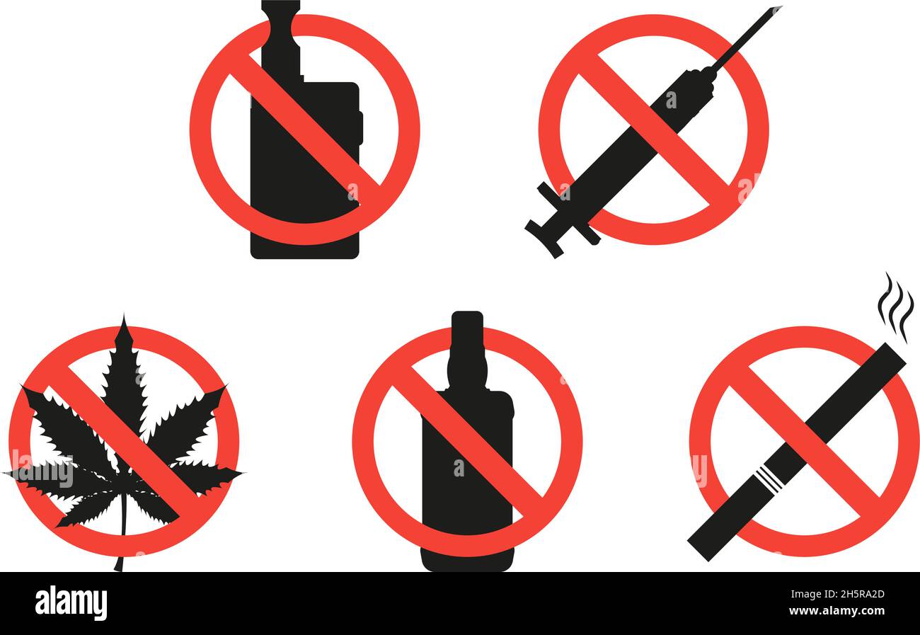 ban sign set no smoking, no vaping, no drugs, no alcohol Stock Vector ...