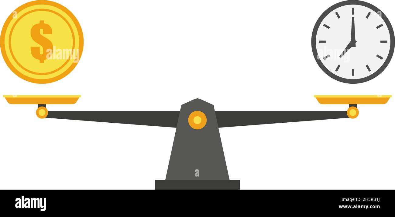 coin and watch on scales isolate on white background, vector Stock ...