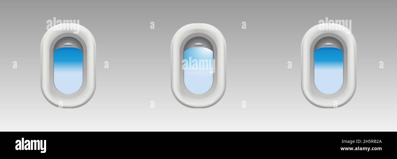Airplane windows, vector background with plane window blue sky mock up ...