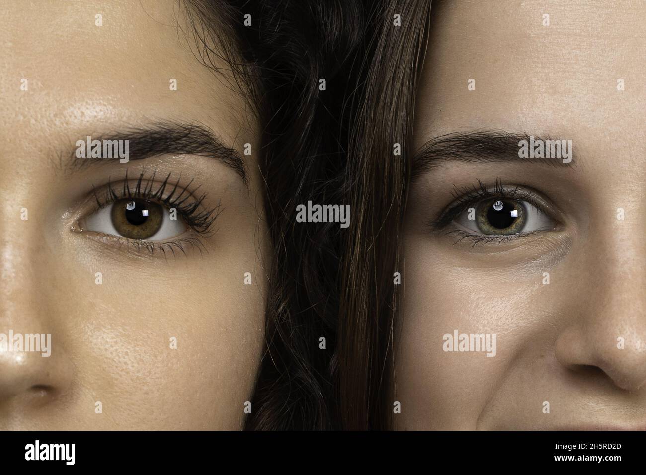 two girls faces close up, half face portraits Stock Photo - Alamy