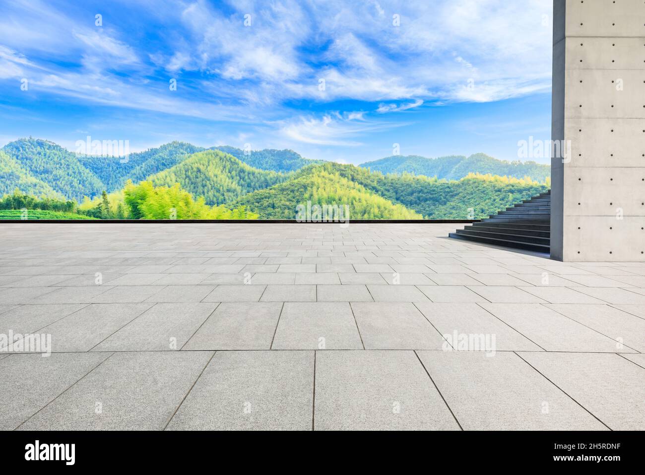 Empty square floor and green mountain with bamboo forest natural ...