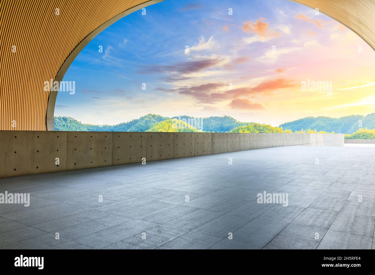 Empty square floor and green tea plantation with bamboo forest natural ...