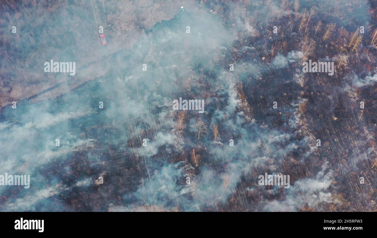 Aerial View. Spring Dry Grass Burns During Drought Hot Weather. Bush ...