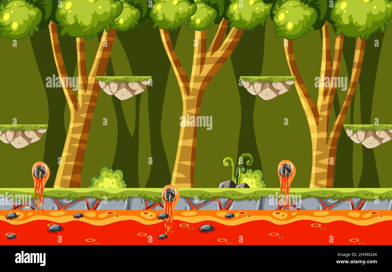 Jungle with lava ground platformer game template illustration Stock ...