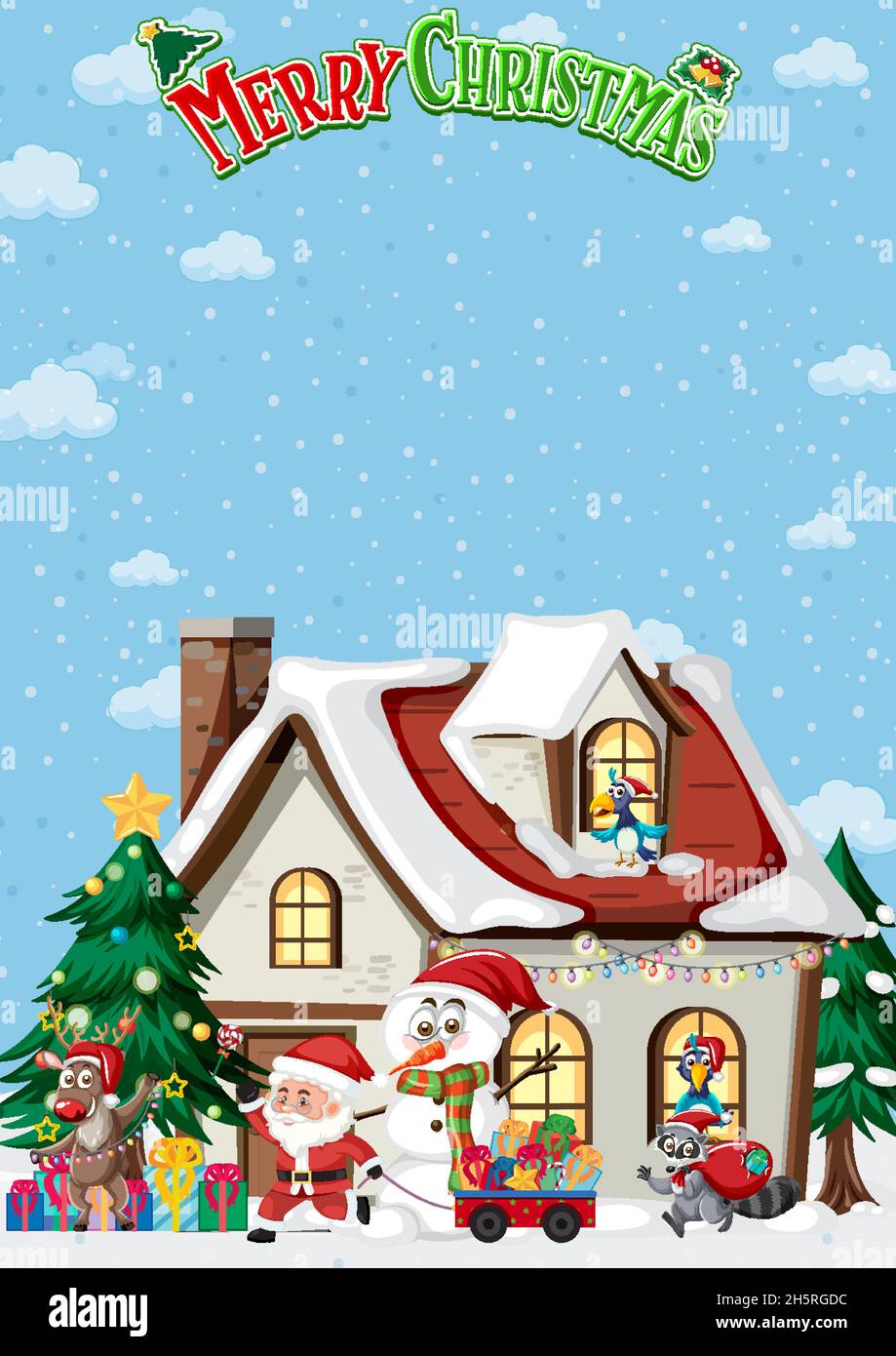 Merry Christmas poster with Santa Claus and animals illustration Stock ...