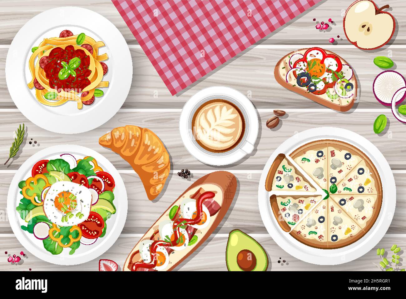 Different plates of food on the table illustration Stock Vector Image ...