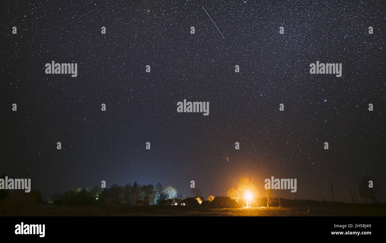 Real Night Sky Stars Above Old Village. Natural Starry Sky Above Rural ...