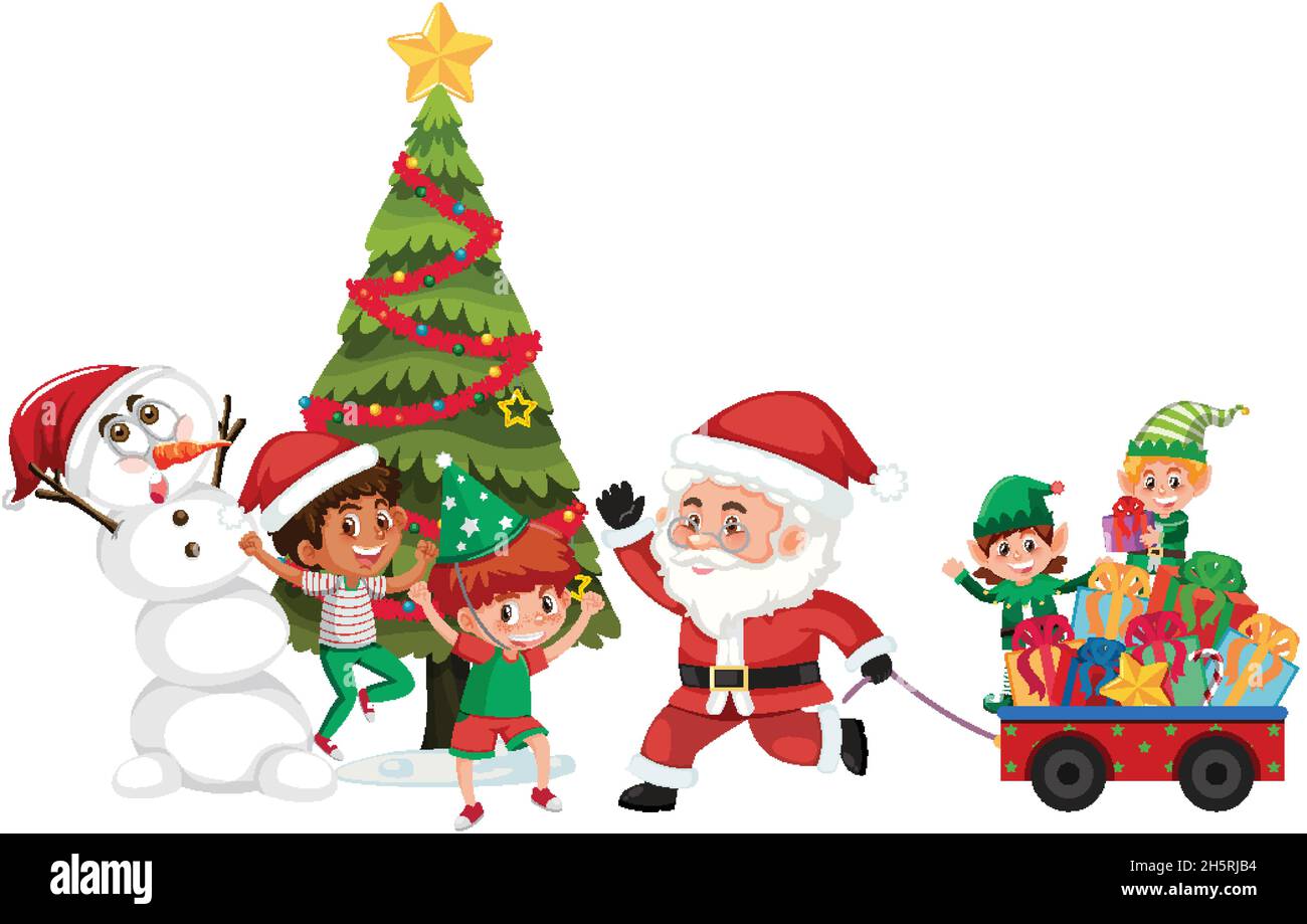 Santa Claus with happy children and Christmas tree illustration Stock ...