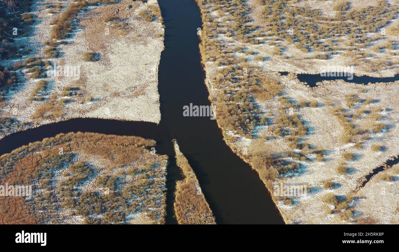 Aerial View Curved River In Early Spring Landscape. River bends and dry ...