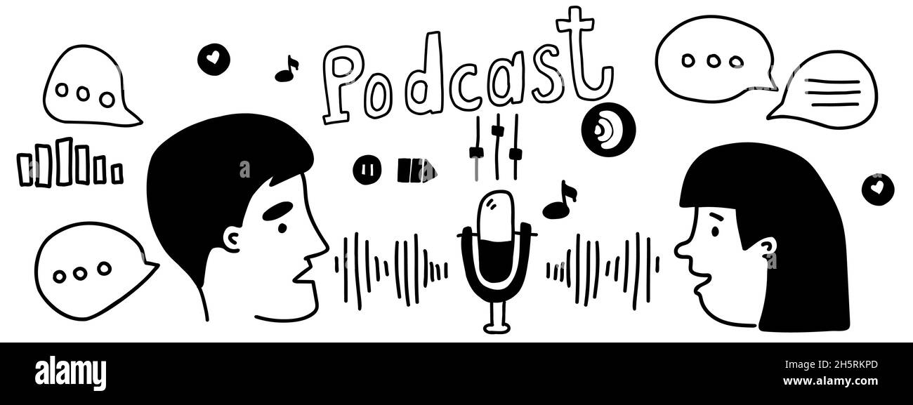 Podcast sketch concept. Podcaster man and woman recording in studio and ...