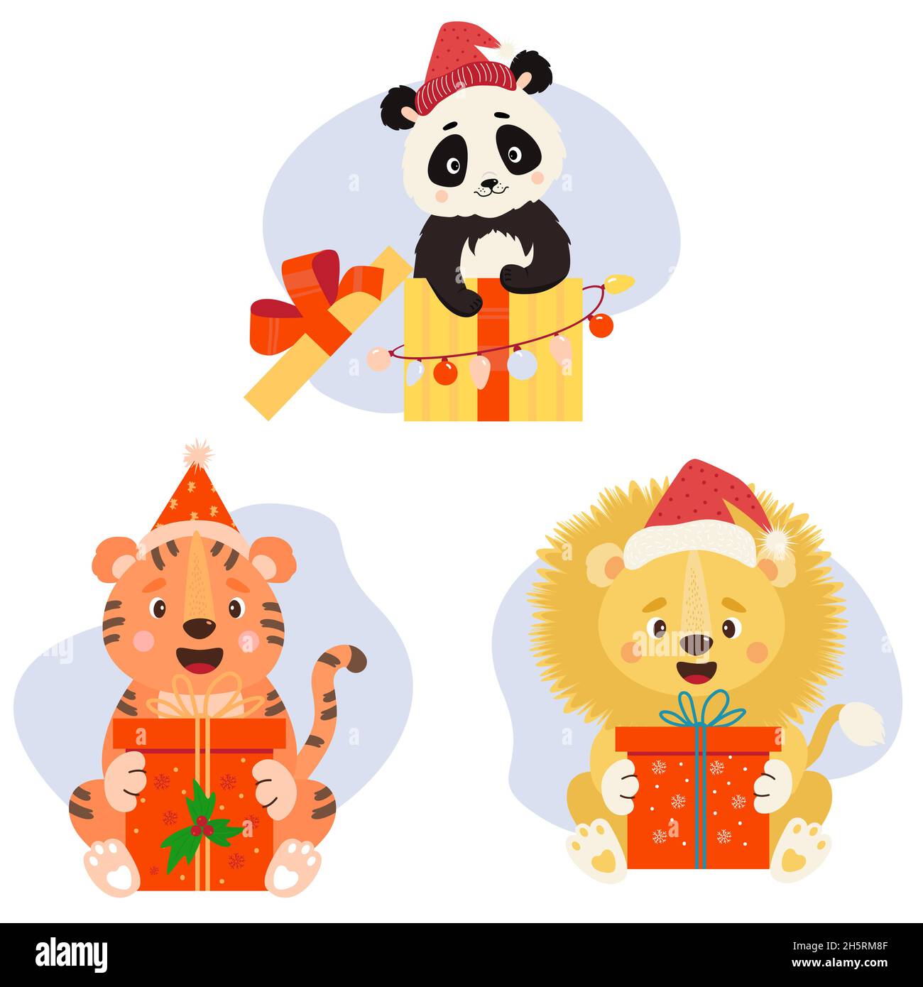 Cute animals. Christmas wild animals - panda, tiger and lion santas ...