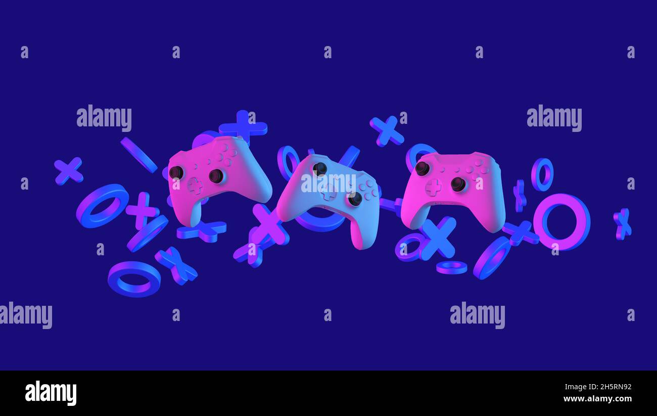 Video game controller and abstract shapes with neon stylized lighting ...