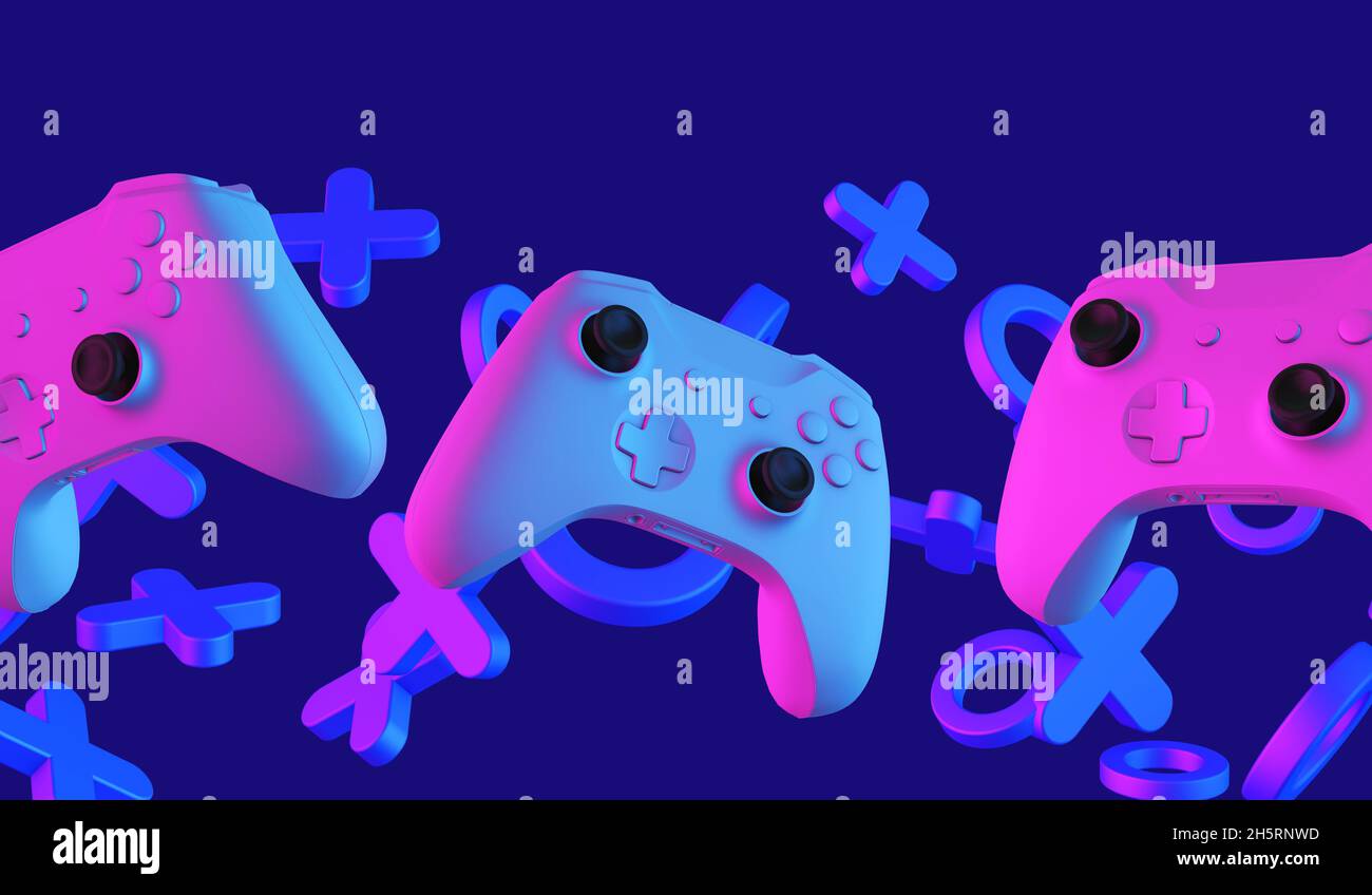 Video game controller and abstract shapes with neon stylized lighting ...