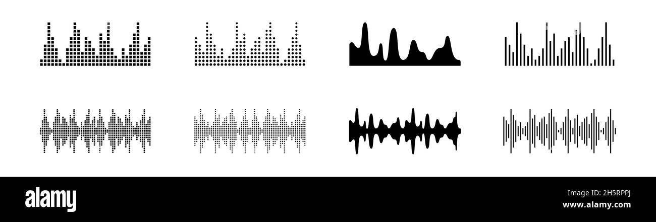 Sound waves abstract element set isolated black icon, vector ...
