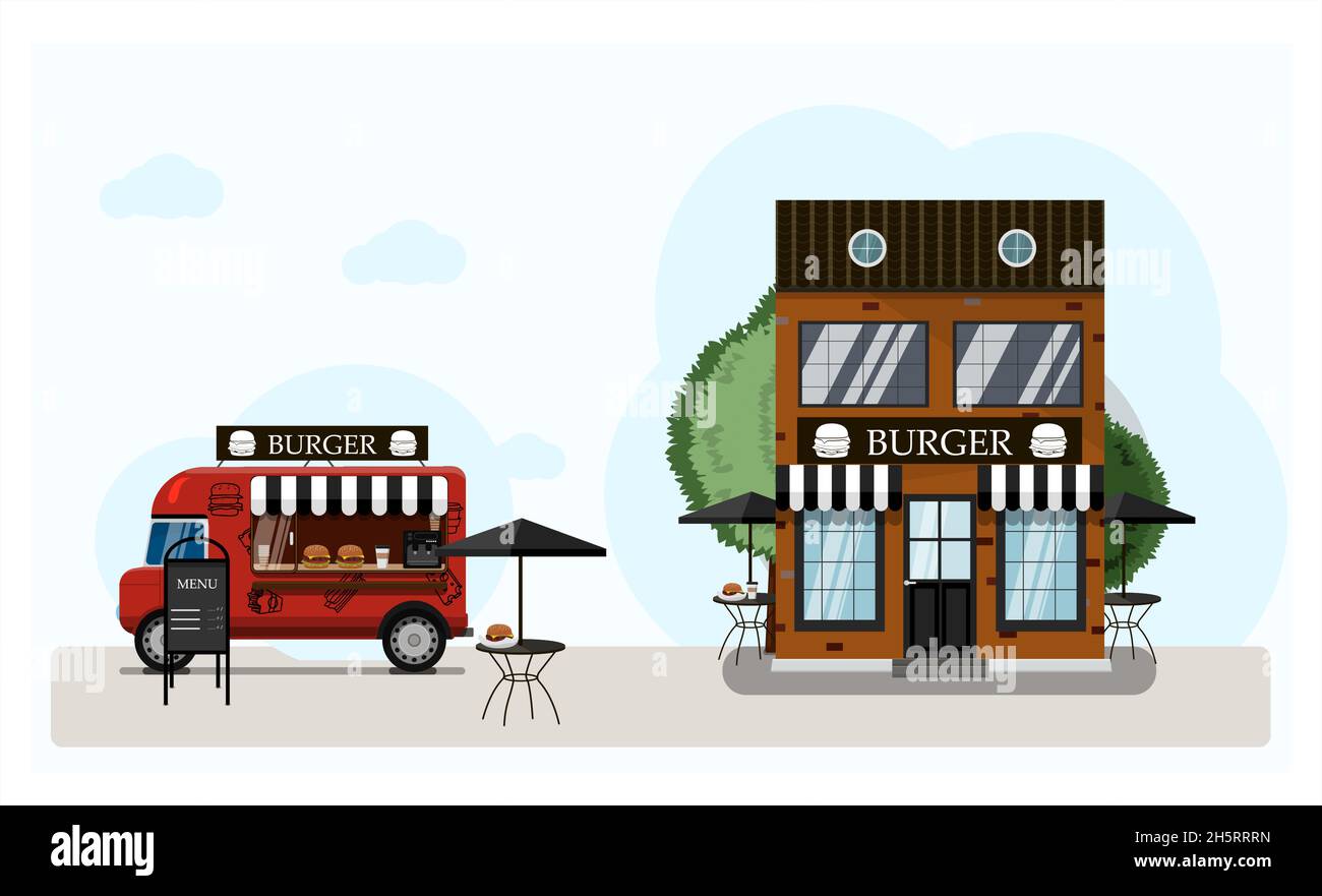 Vector illustration of a burger joint. Facade of a fast food restaurant ...