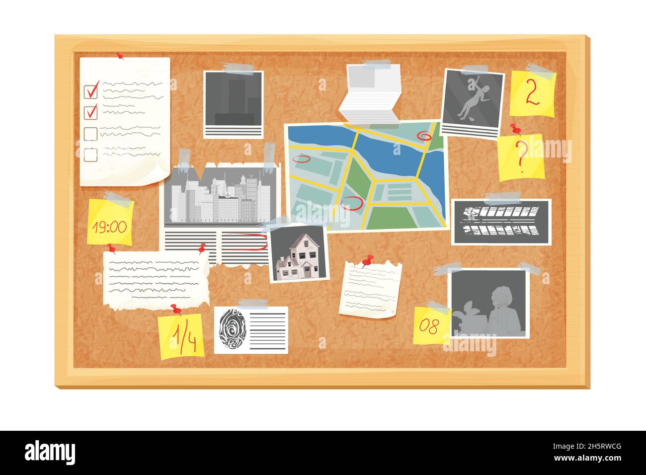 Detective investigation cork board, work place in cartoon style isolated on white background ...