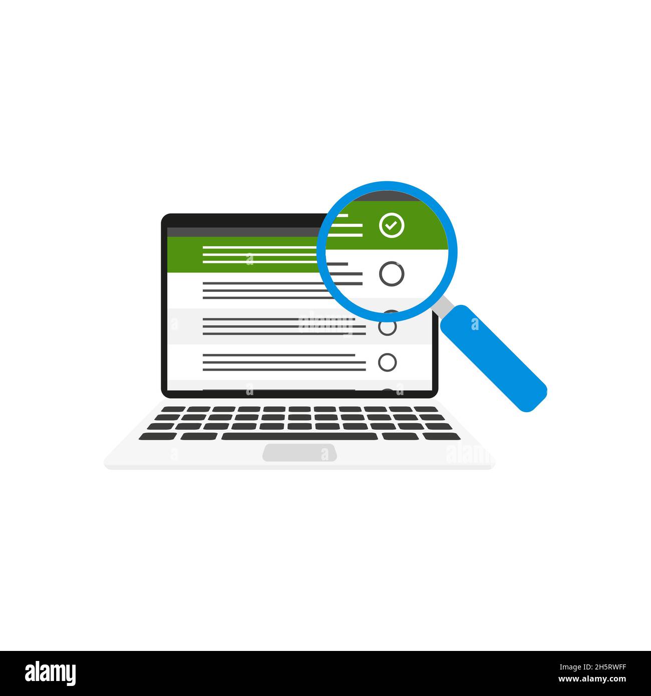 laptop check list document under a magnifying glass. Flat vector ...