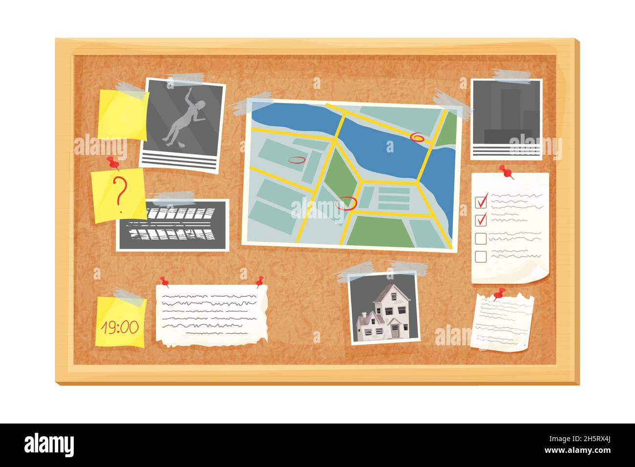 Detective investigation cork board, work place in cartoon style ...