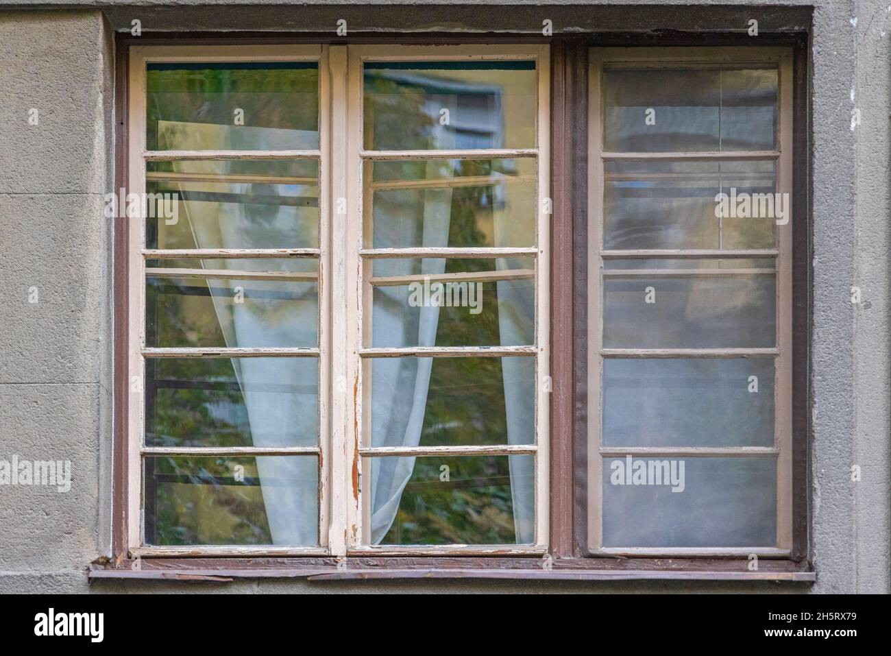 Triple Wooden Windows at Old House Building Stock Photo - Alamy