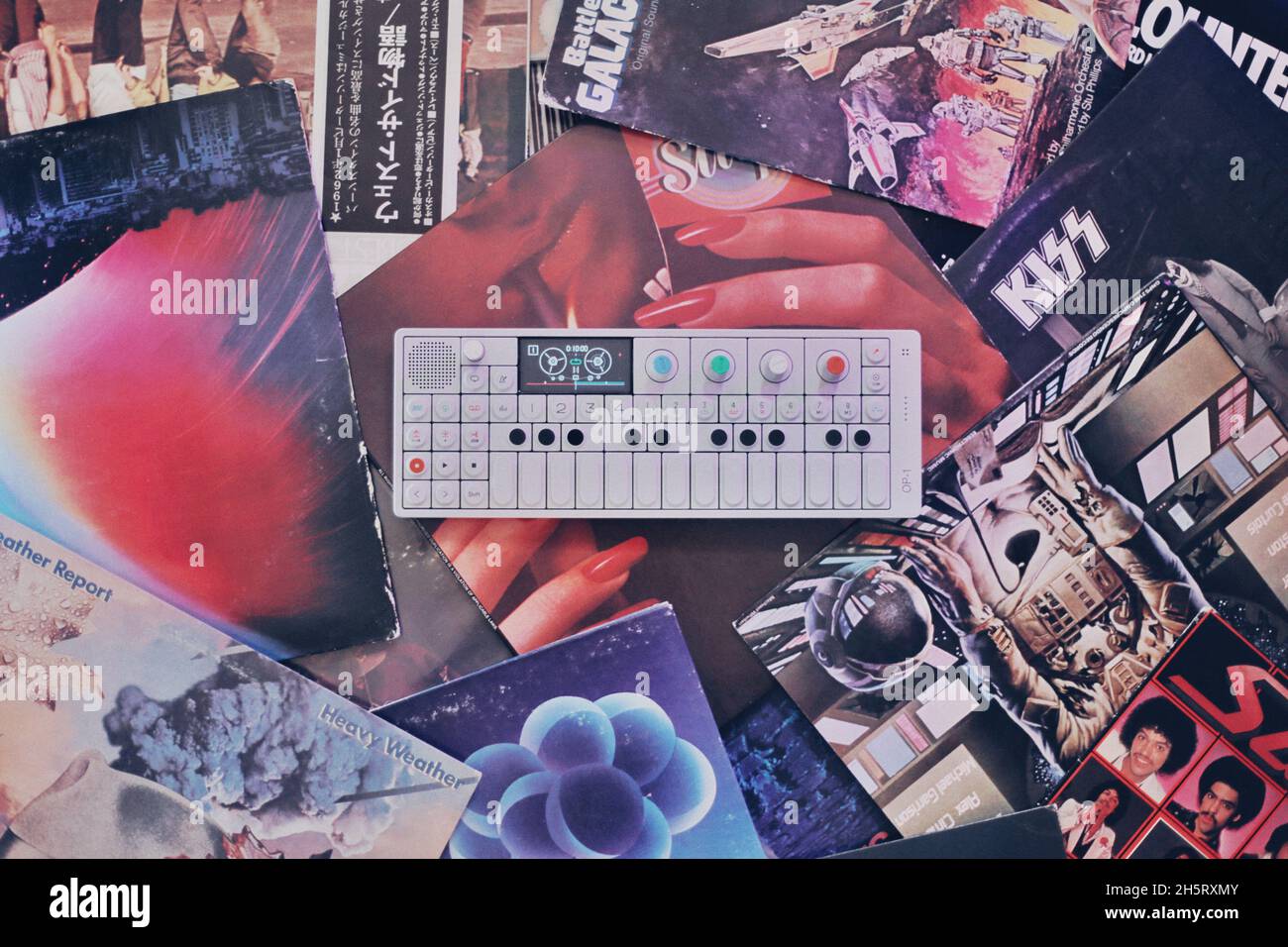 PARIS, FRANCE - Apr 26, 2020: Mini Synthesizer Sampler and vinyl ...