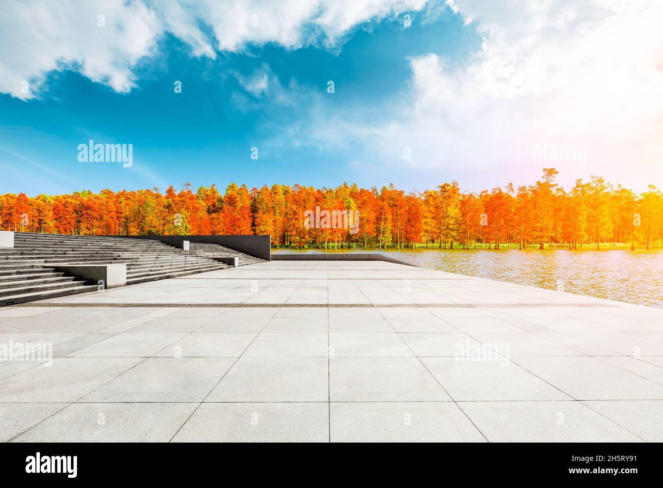 Empty square floor and colorful forest natural landscape in autumn ...