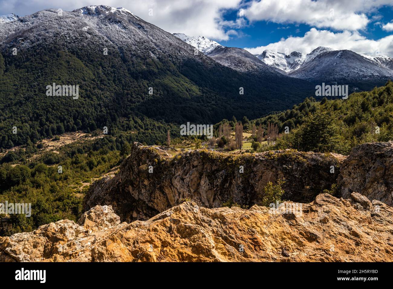 View of the green forests and snowy peaks. Futaleufu, Los Lagos, Chile ...