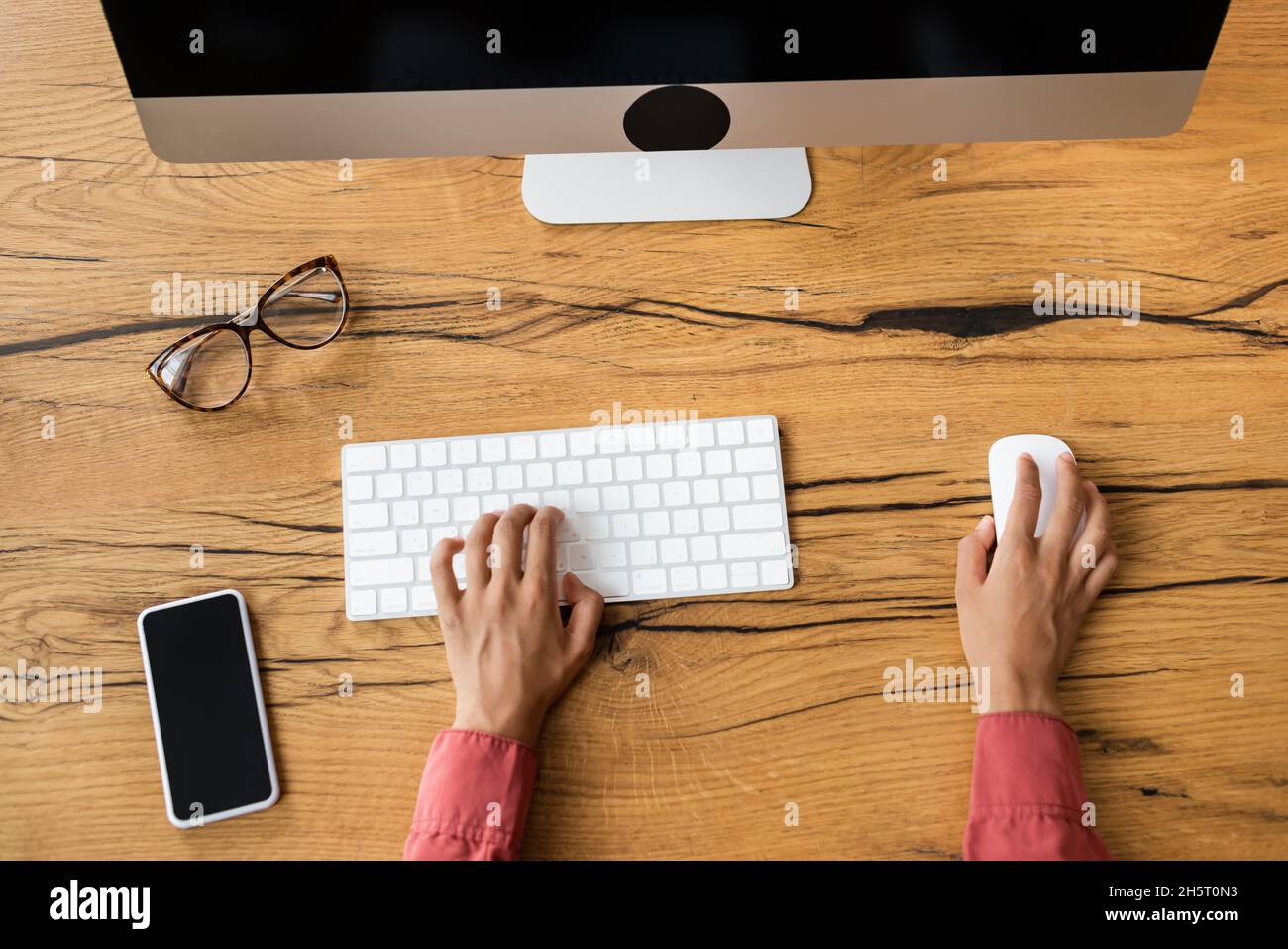 top view of african american woman using computer keyboard near ...