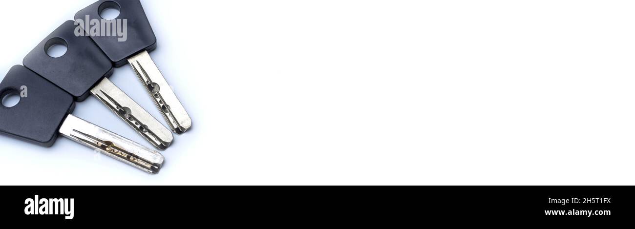 Three modern off door key lock on white background. Safe keys from the ...