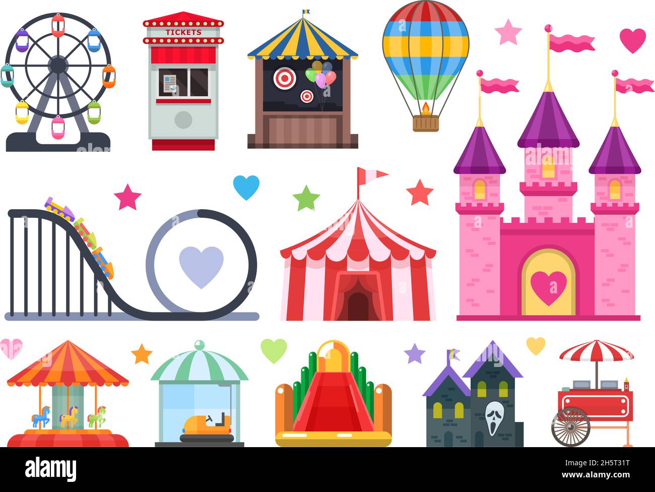 Amusement park colorful objects set with extreme and inflatable ...