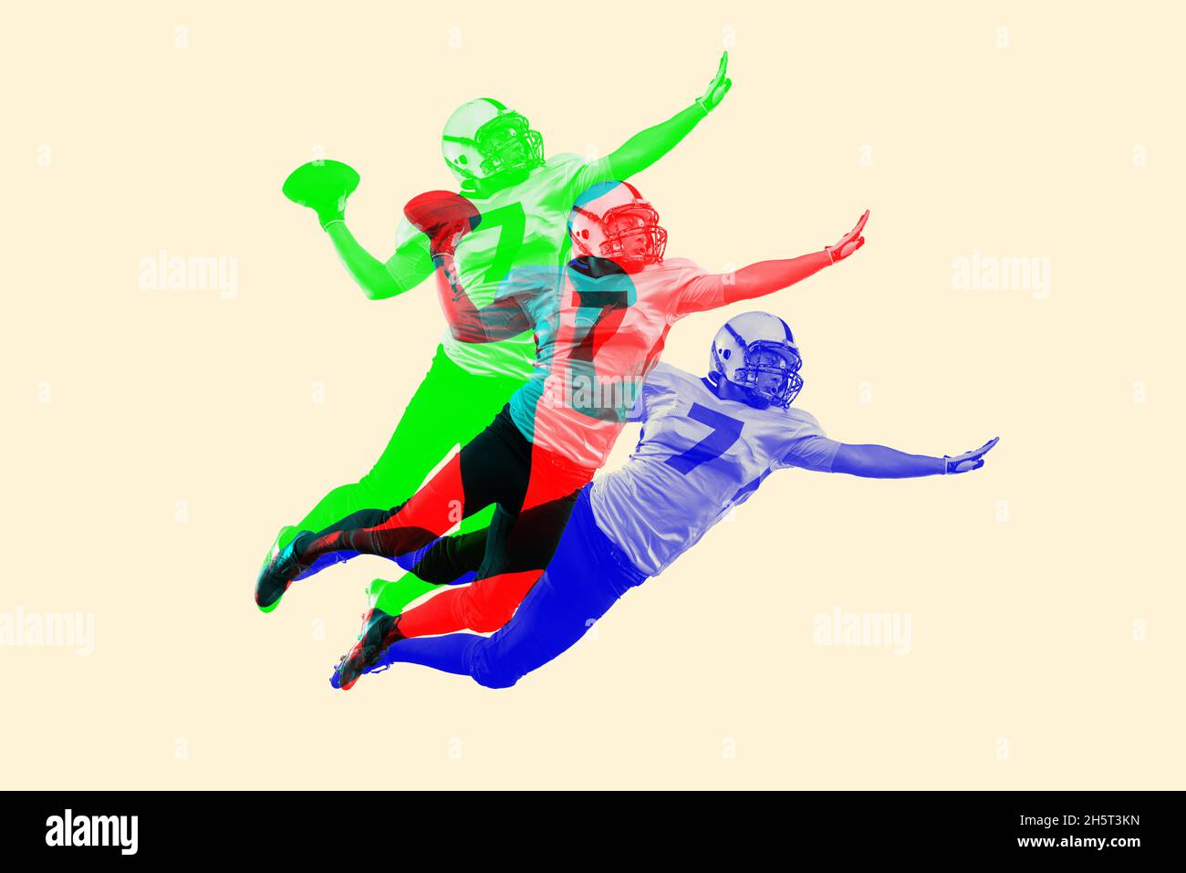Artwork. Male american football player in motion, flying with ball with ...