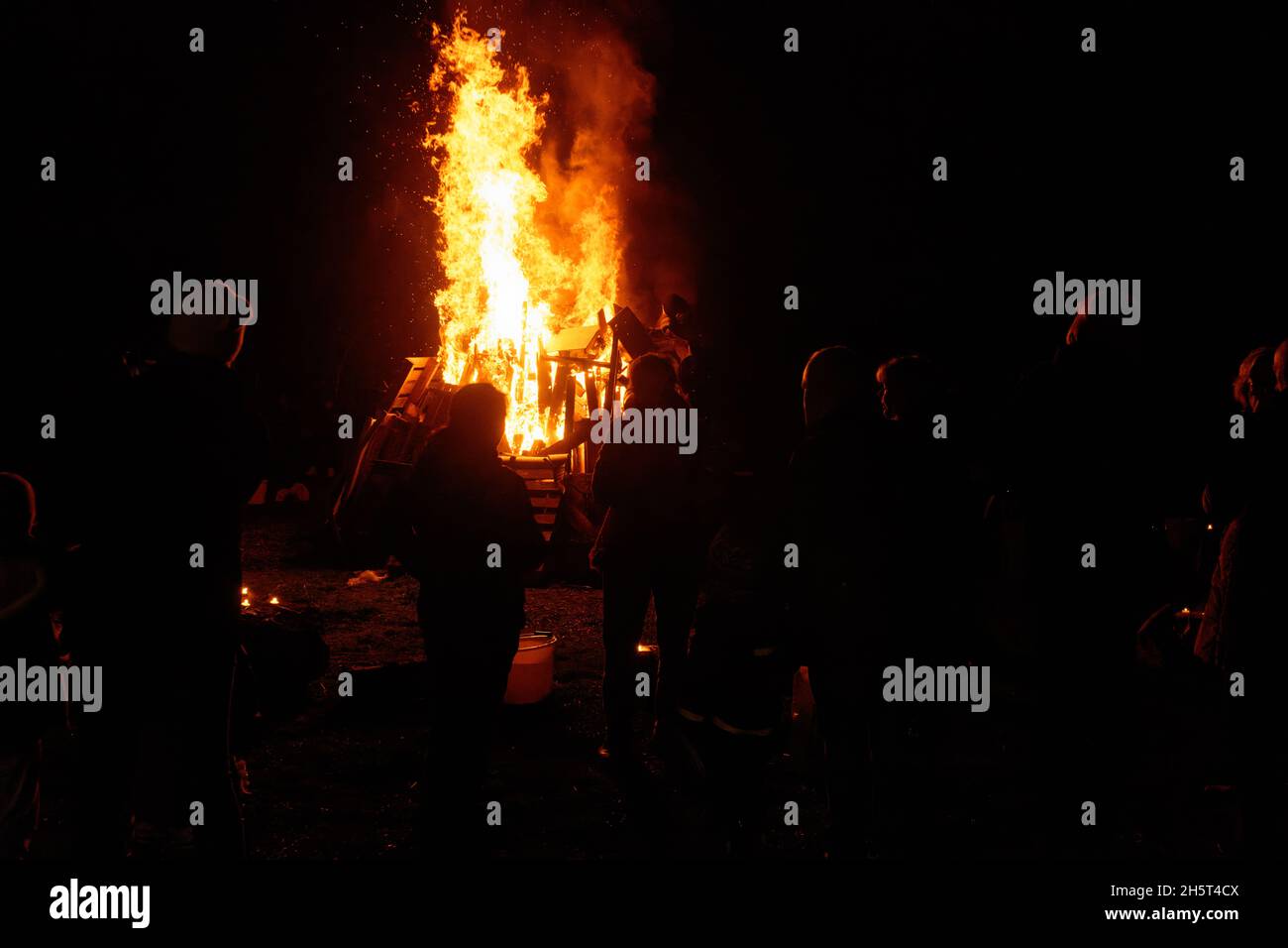 A bonfire burning on Guy Fawkes Day, November 5th, every year in ...