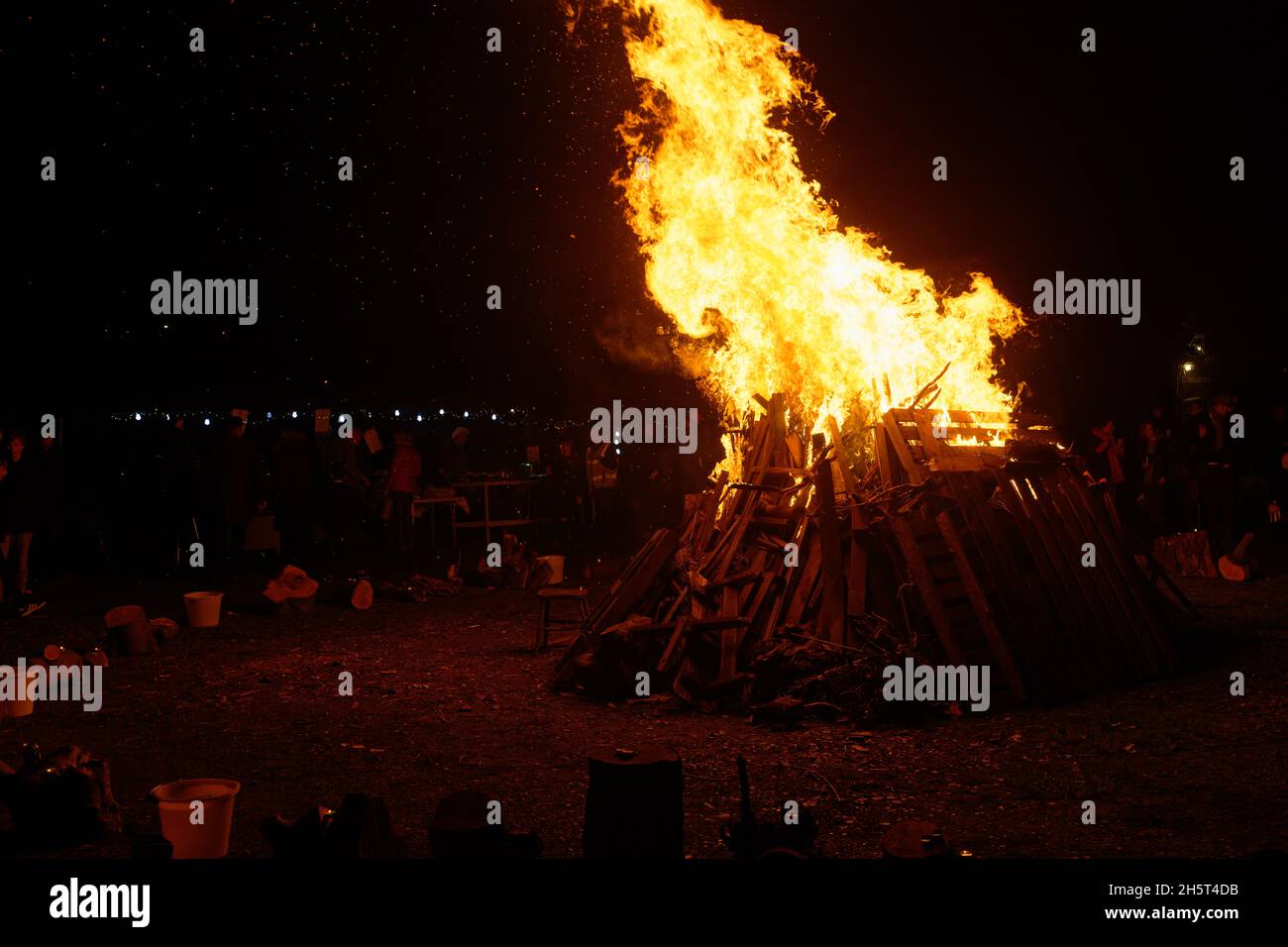 A bonfire burning on Guy Fawkes Day, November 5th, every year in ...