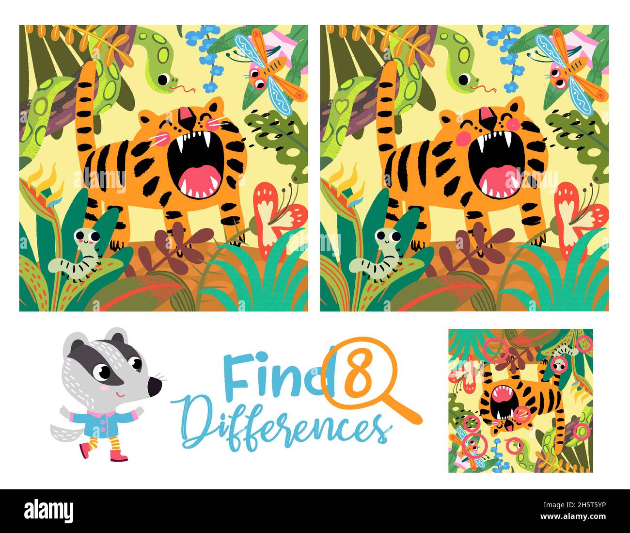 Find 8 differences mini game for children. Jungle theme with roaring ...