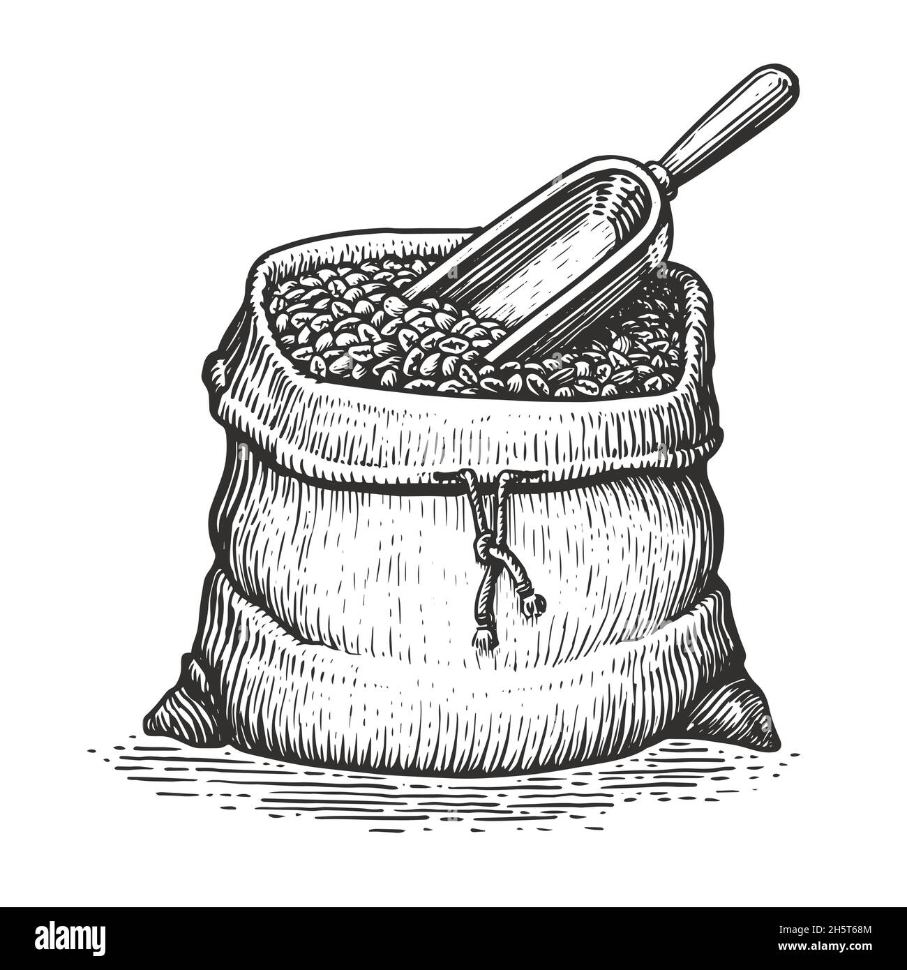 Hand drawn sack with coffee beans with wooden scoop. Sketch vintage ...