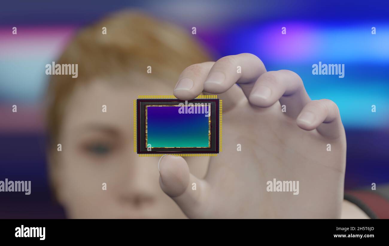 Woman demonstrates digital camera sensor, close-up with hand, blurred ...