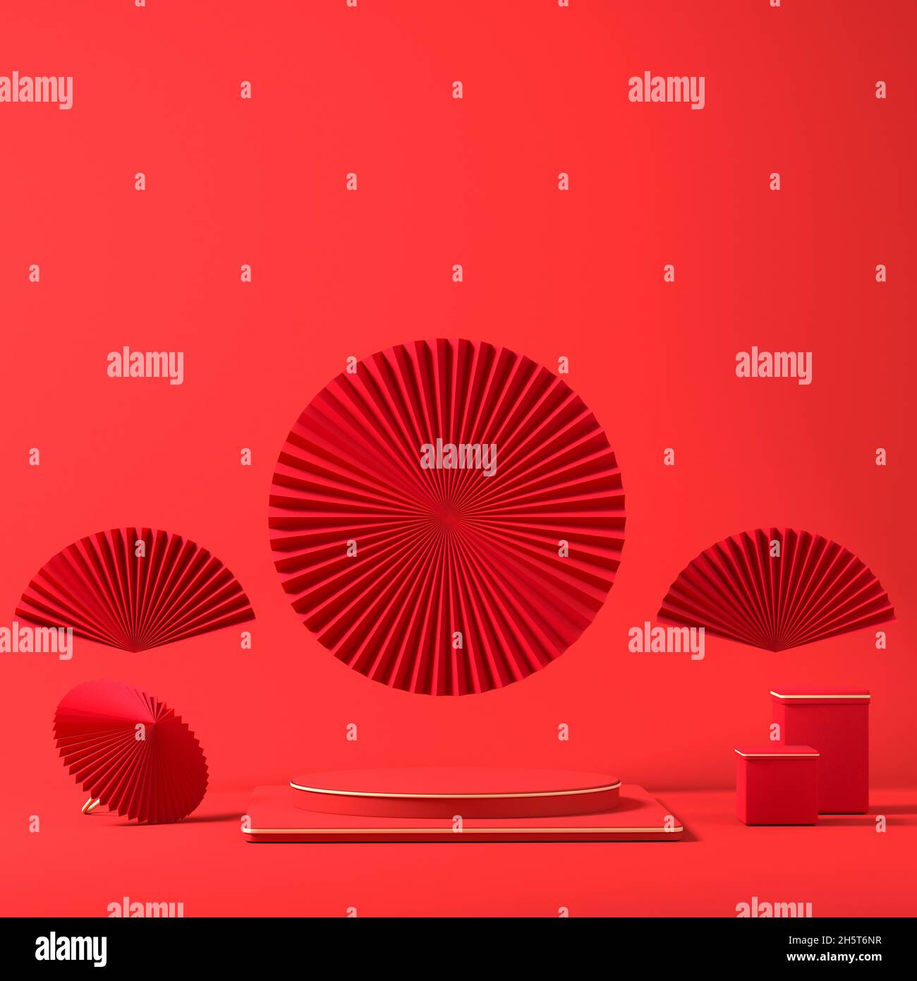 Traditional stage with red background, 3d rendering. Computer digital ...