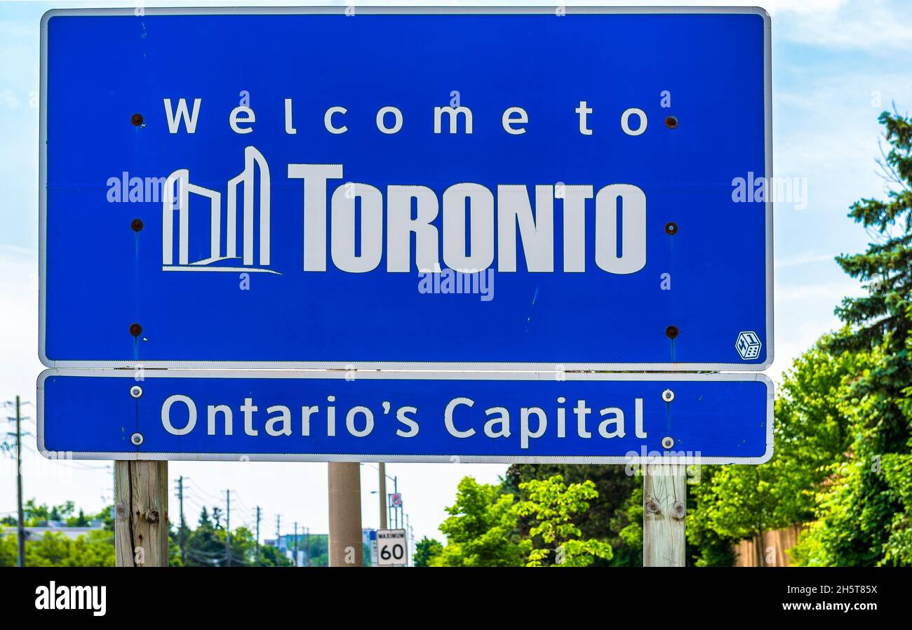 Traffic sign welcoming drivers to Toronto city which is the capital of ...