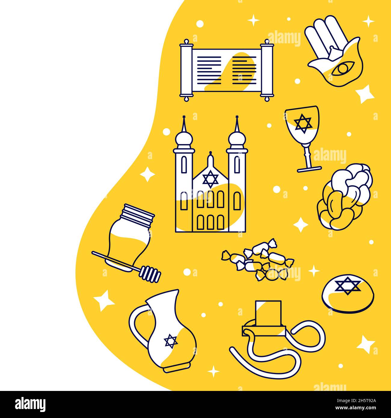 Vector illustration Synagogue Torah Hamsa Kippah Challah Israel Judaism ...