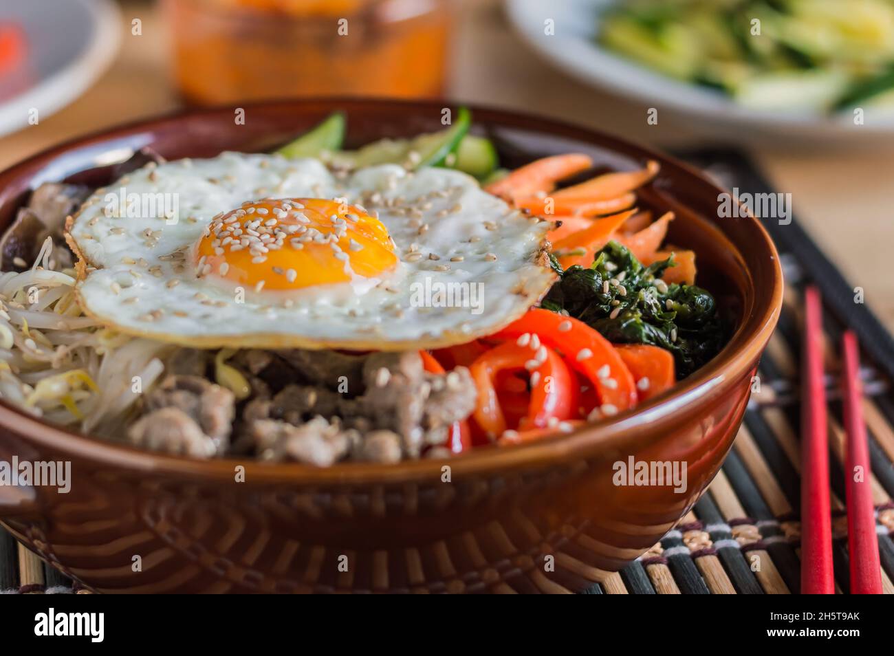 Bibimbap.Traditional Koren food with rice,beef,vegetables and egg Stock ...