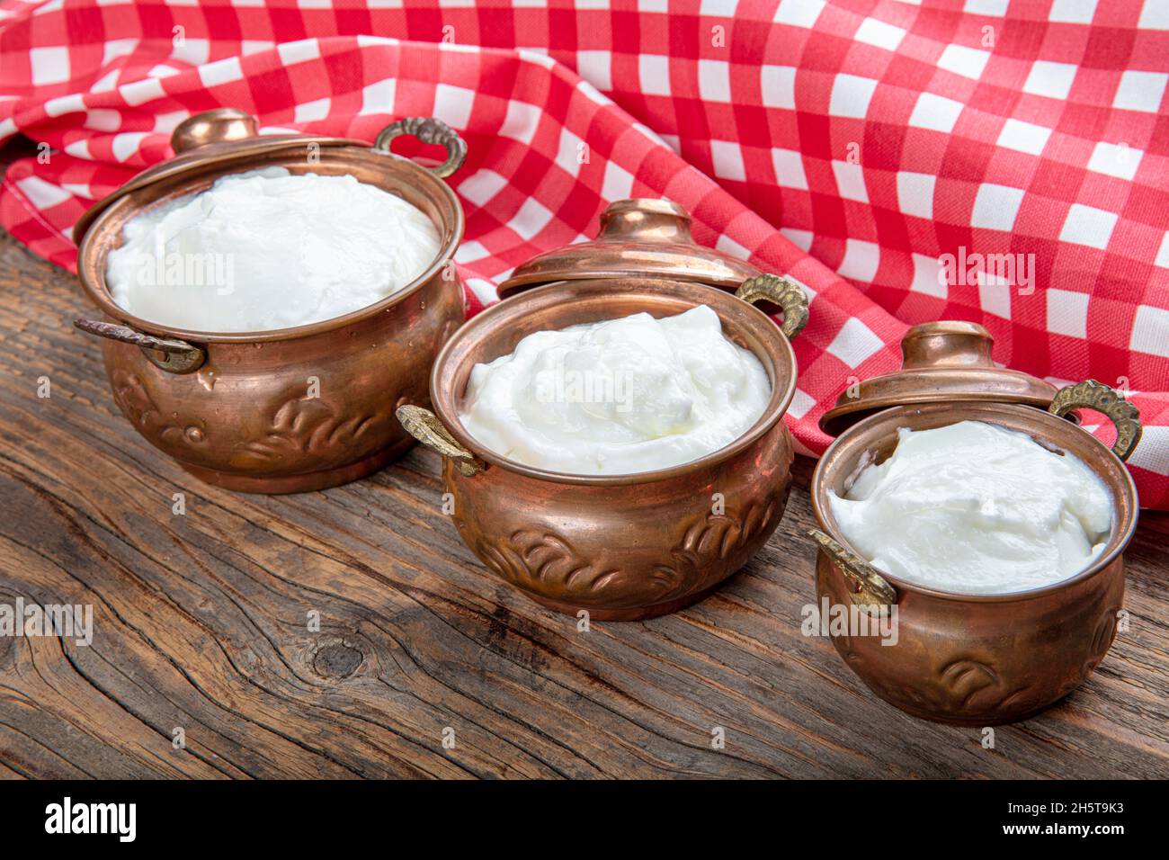 Water buffalo yogurt fermented in copper bowl. Homemade Yogurt in bowl ...