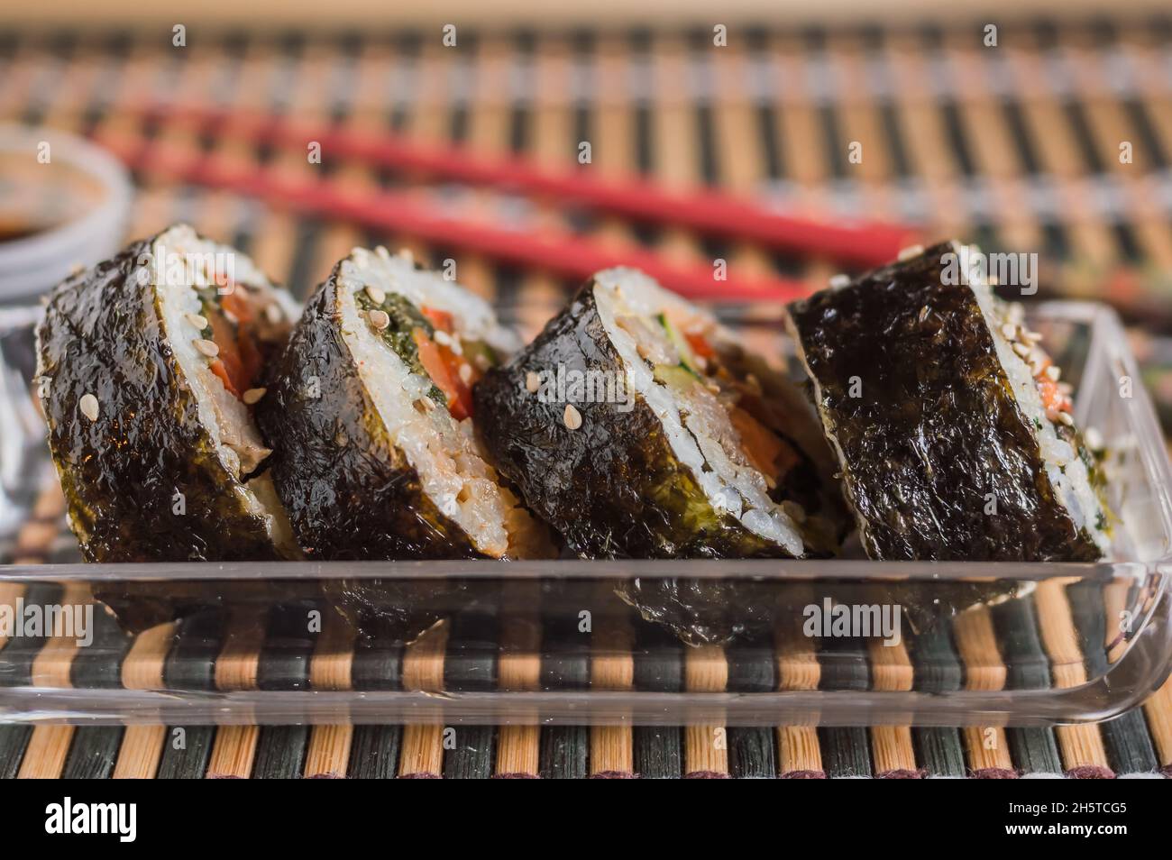 Cut kimbap or gimpab.Traditional Korean rolls with rice,beef,vegetables ...