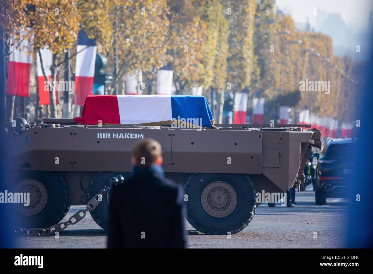 Paris, France. 11th Nov, 2021. The flag draped coffin of Hubert Germain ...