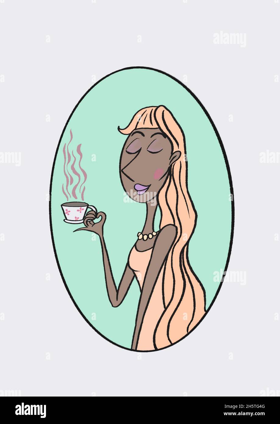 Girl drinking a cup of tea illustration Stock Photo - Alamy
