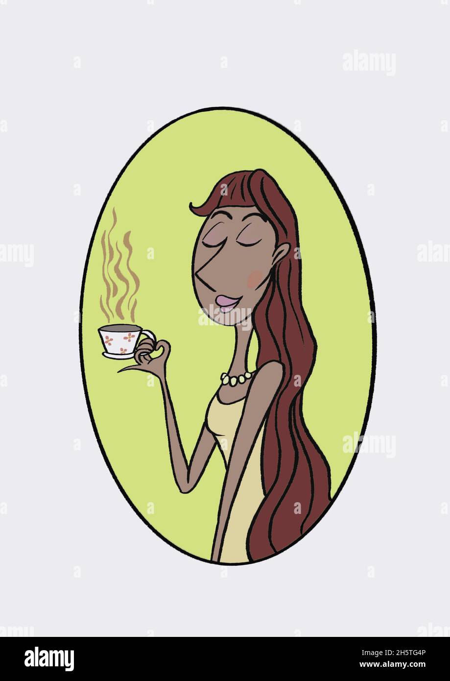 Girl drinking a cup of tea illustration Stock Photo - Alamy