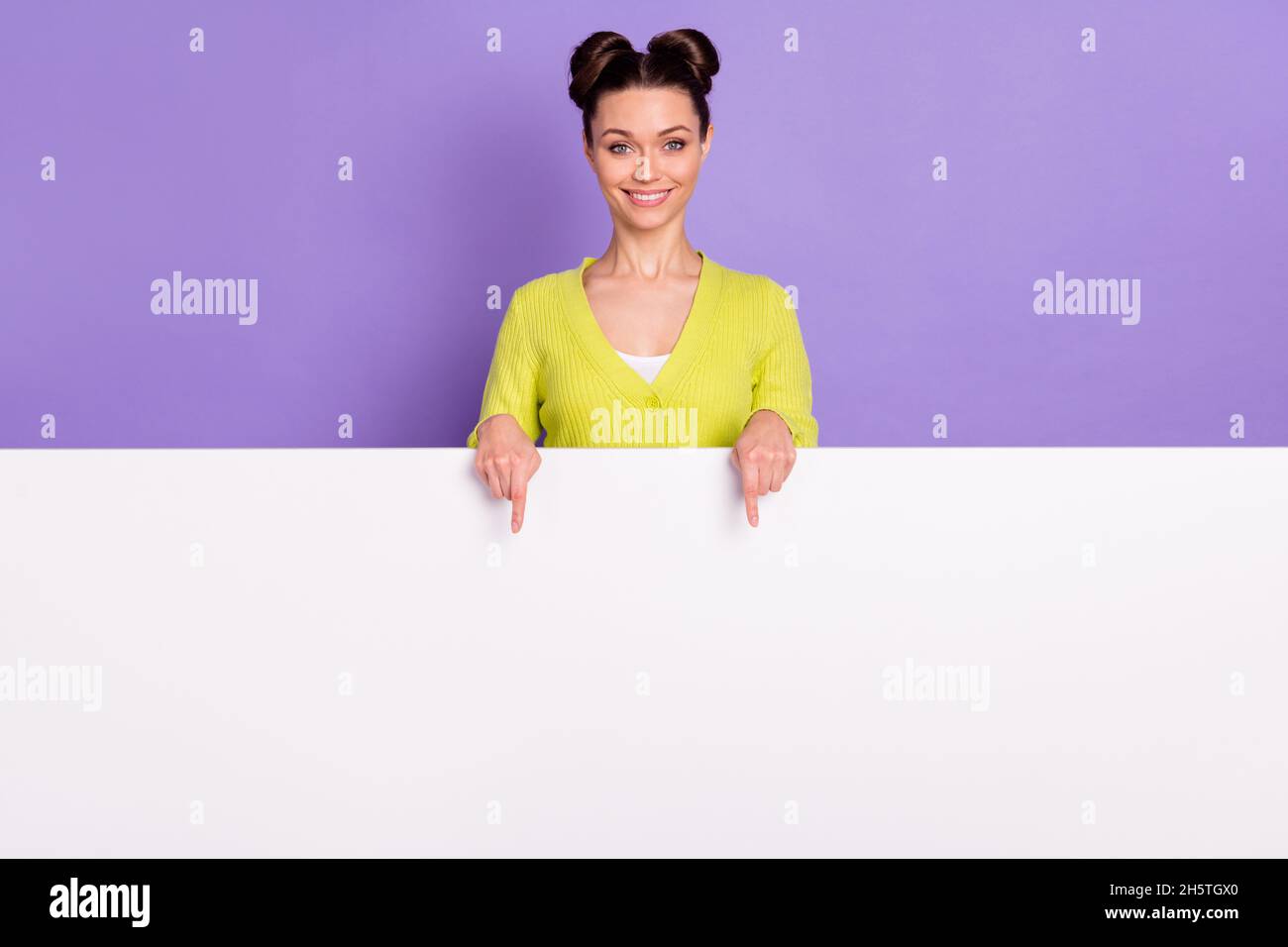 Photo of young beautiful lovely happy smiling girl point fingers at big ...