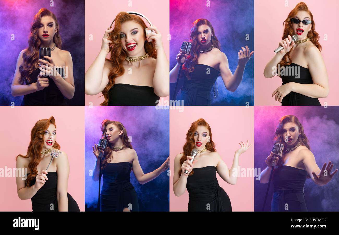 Collage of portrait of artistic professional female jazz singer ...