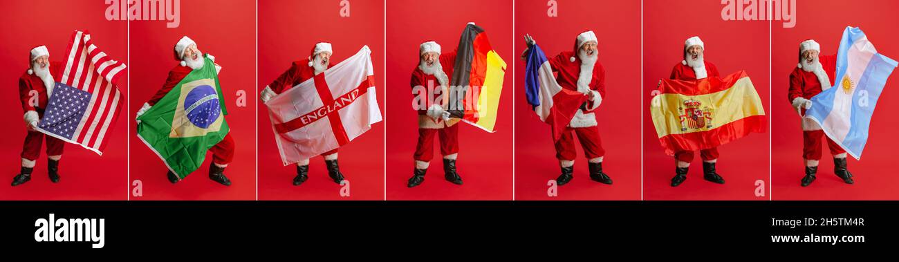Collage of full-length portraits of Santa Claus posing with counties ...