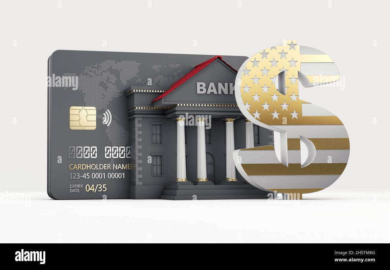 3d Rendering of Credit Card with Bank Building and Dollar sign ...